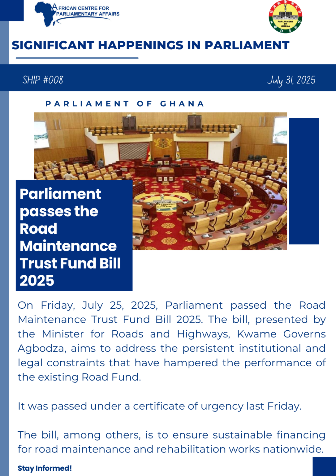 Parliament passes the Road Maintenance Trust Fund Bill 2025 - ACEPA